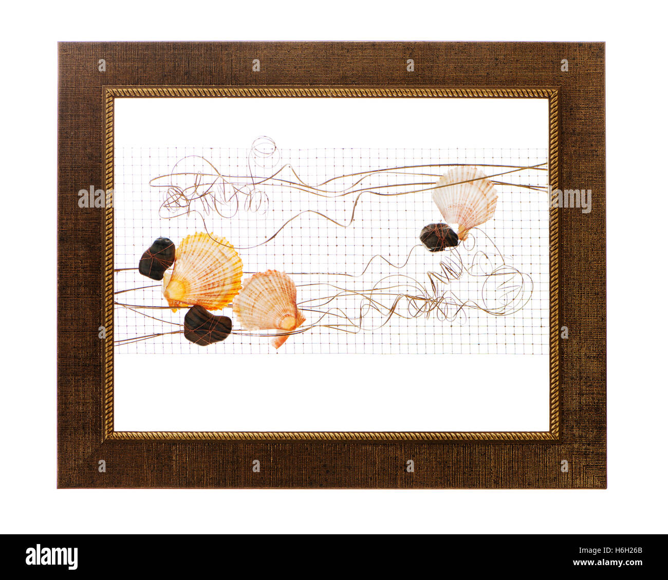 Decorative photo frame with abstract composition of shells, stones and ...