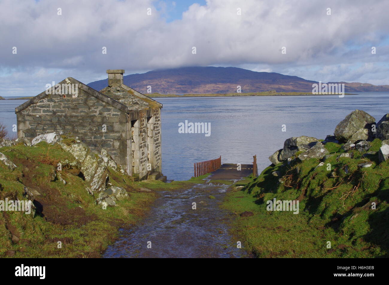 Old pier and building at Aird on the Craignish Peninsula, Argyll Stock ...
