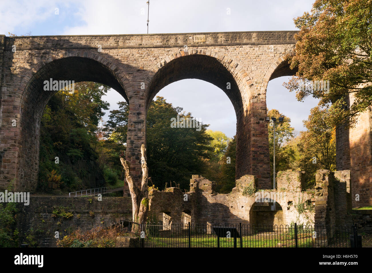 The Union road bridge over the river Goyt, and the remains of Torr Mill ...
