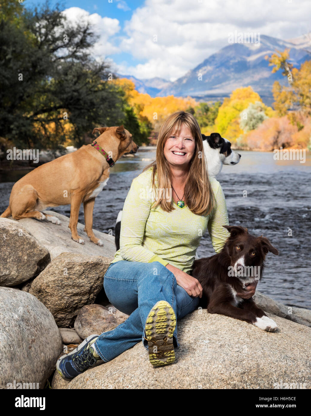 Outdoor portrait of attractive woman with her three dogs alongside the ...