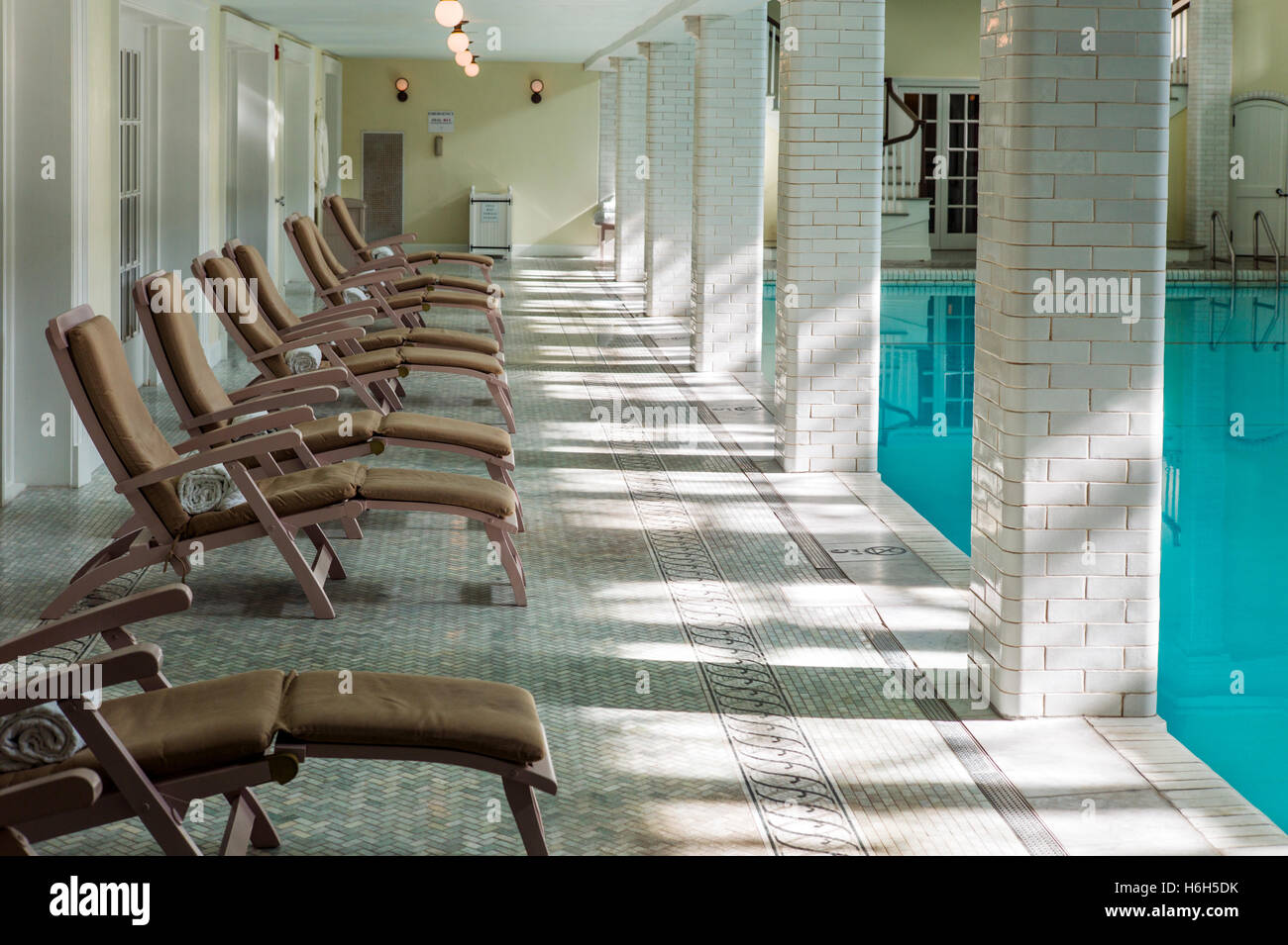 Chaise Lounges; interior spring-fed swimming pool; Omni Bedford Springs ...