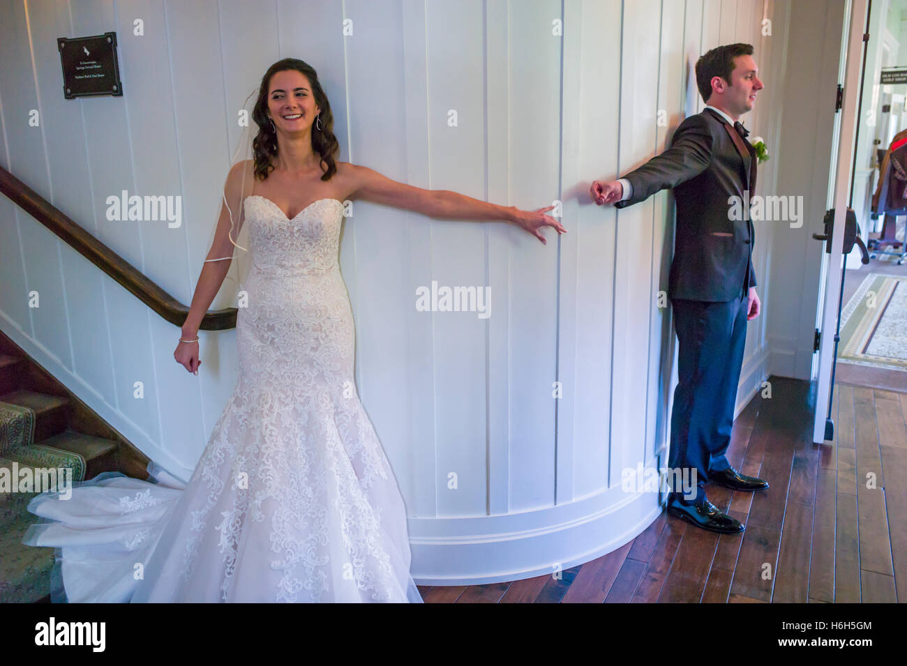 Wedding bride & groom before the "first look" before ceremony; Omni ...