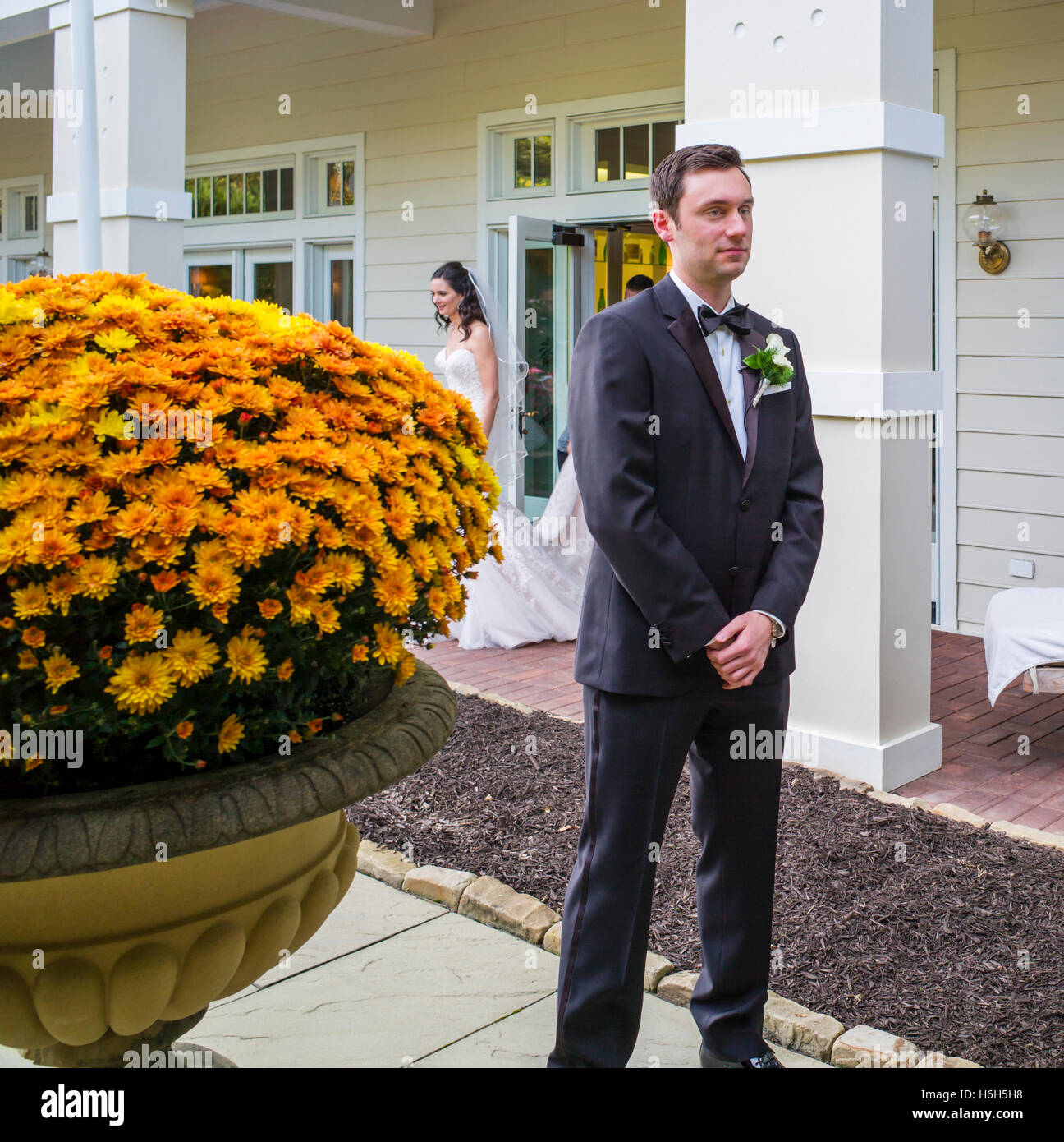 Groom waiting for arriving bride for wedding photographs; Omni Bedford ...