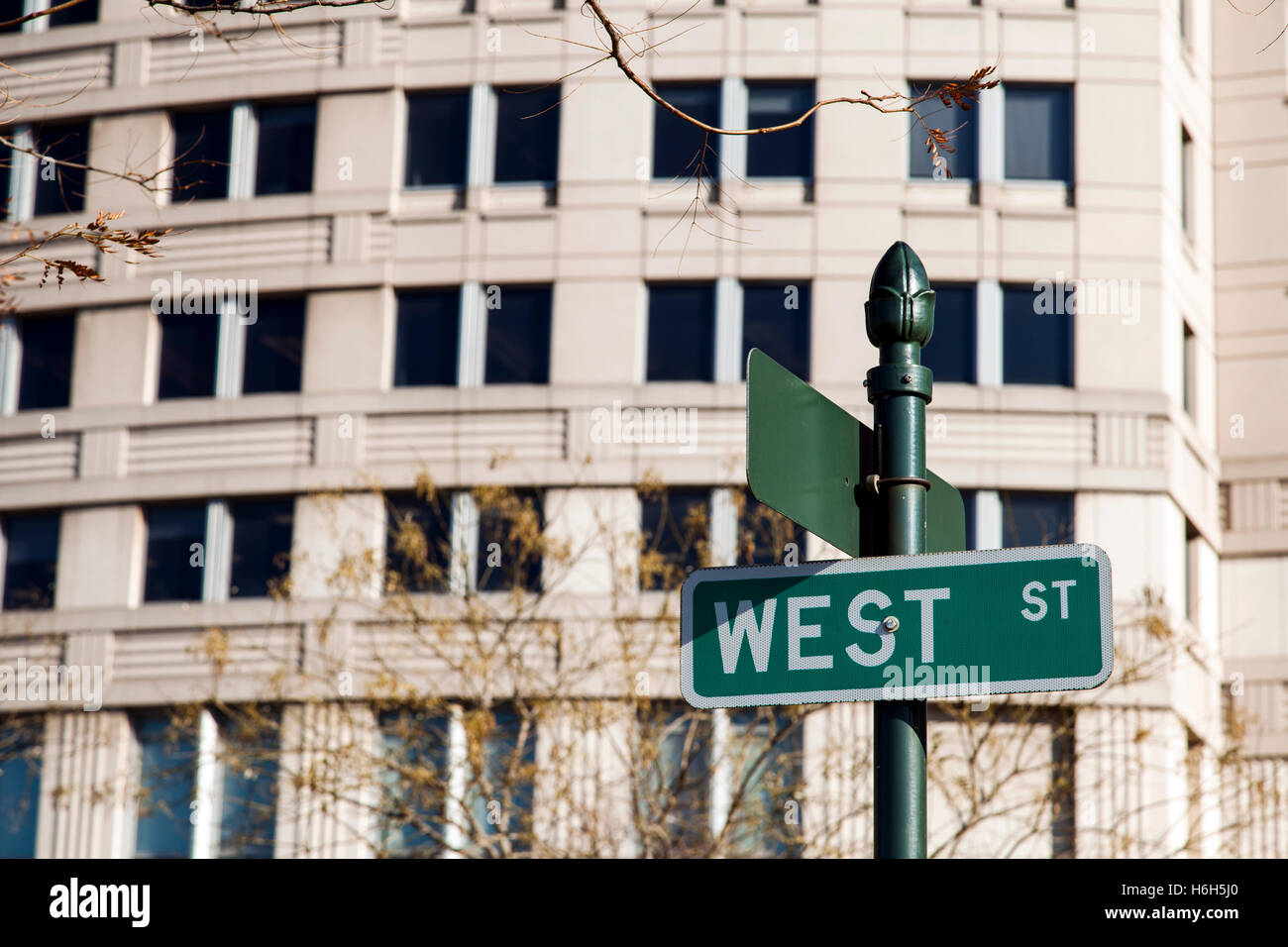 Street sign depicting it is West Street in Manhattan, New-York Stock ...