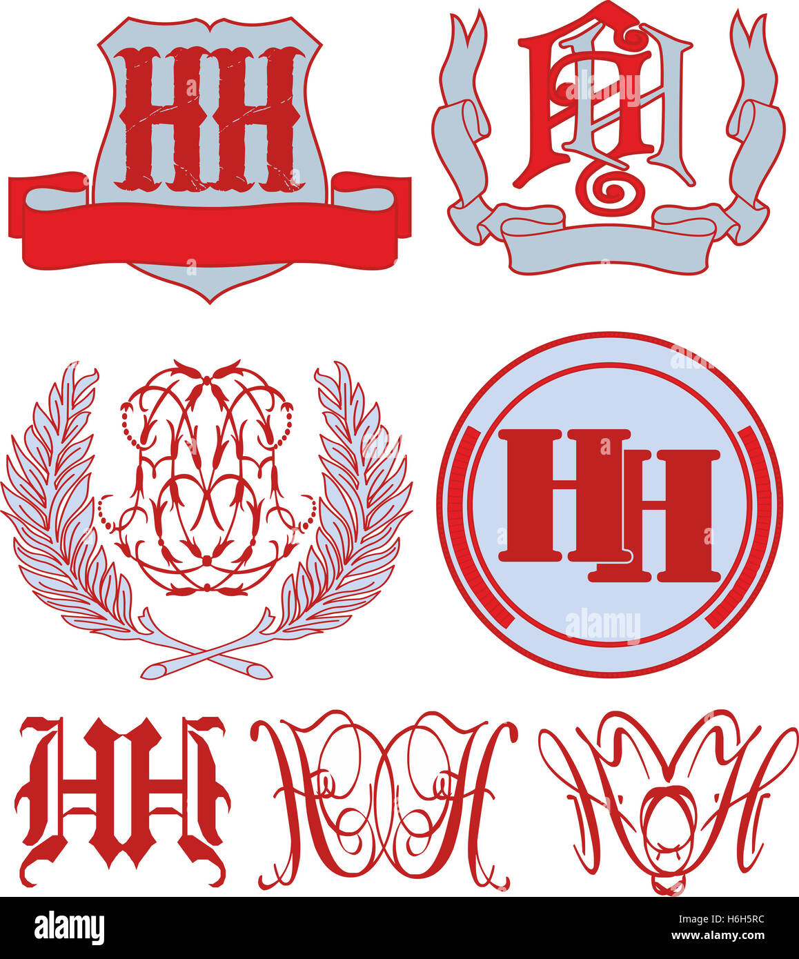 Set of HH monograms and decorative emblem templates with two letters HH ...