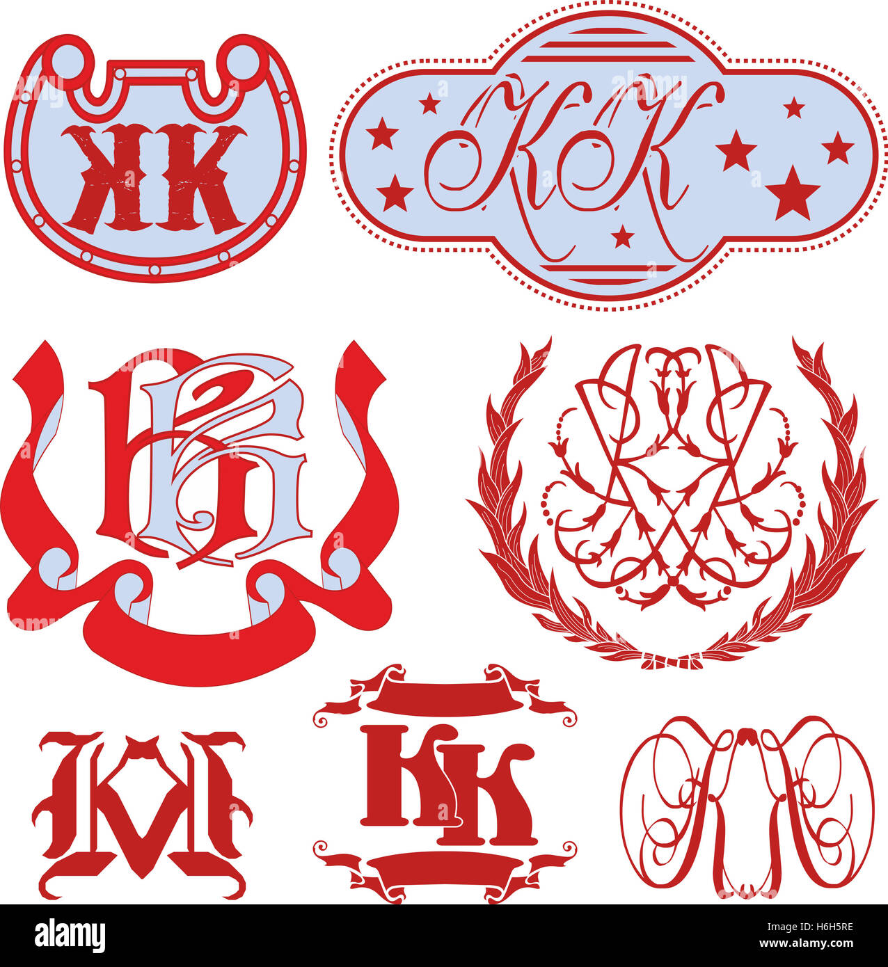 Set of KK monograms and decorative emblem templates with two letters KK ...
