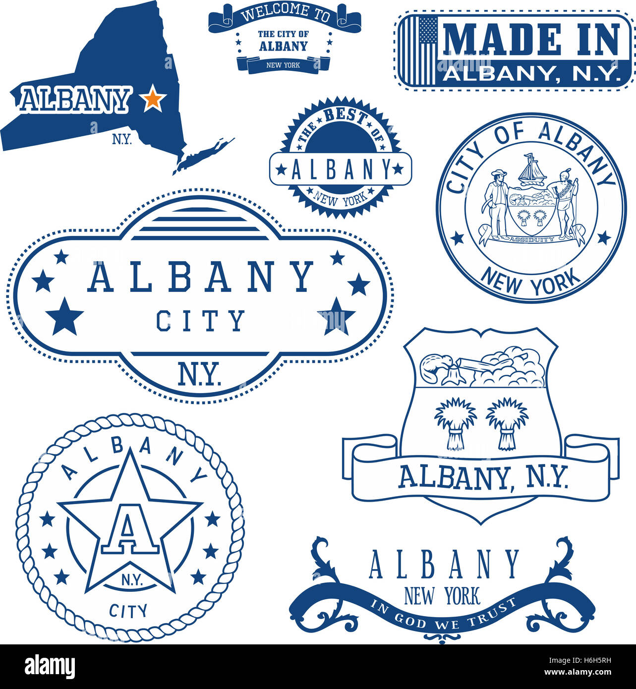 Albany city, New York. Set of generic stamps and signs including Albany ...