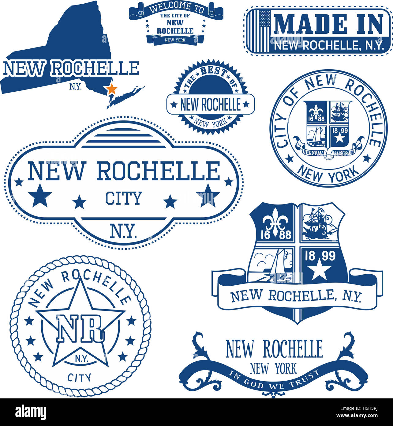 New Rochelle city, New York. Set of generic stamps and signs including ...