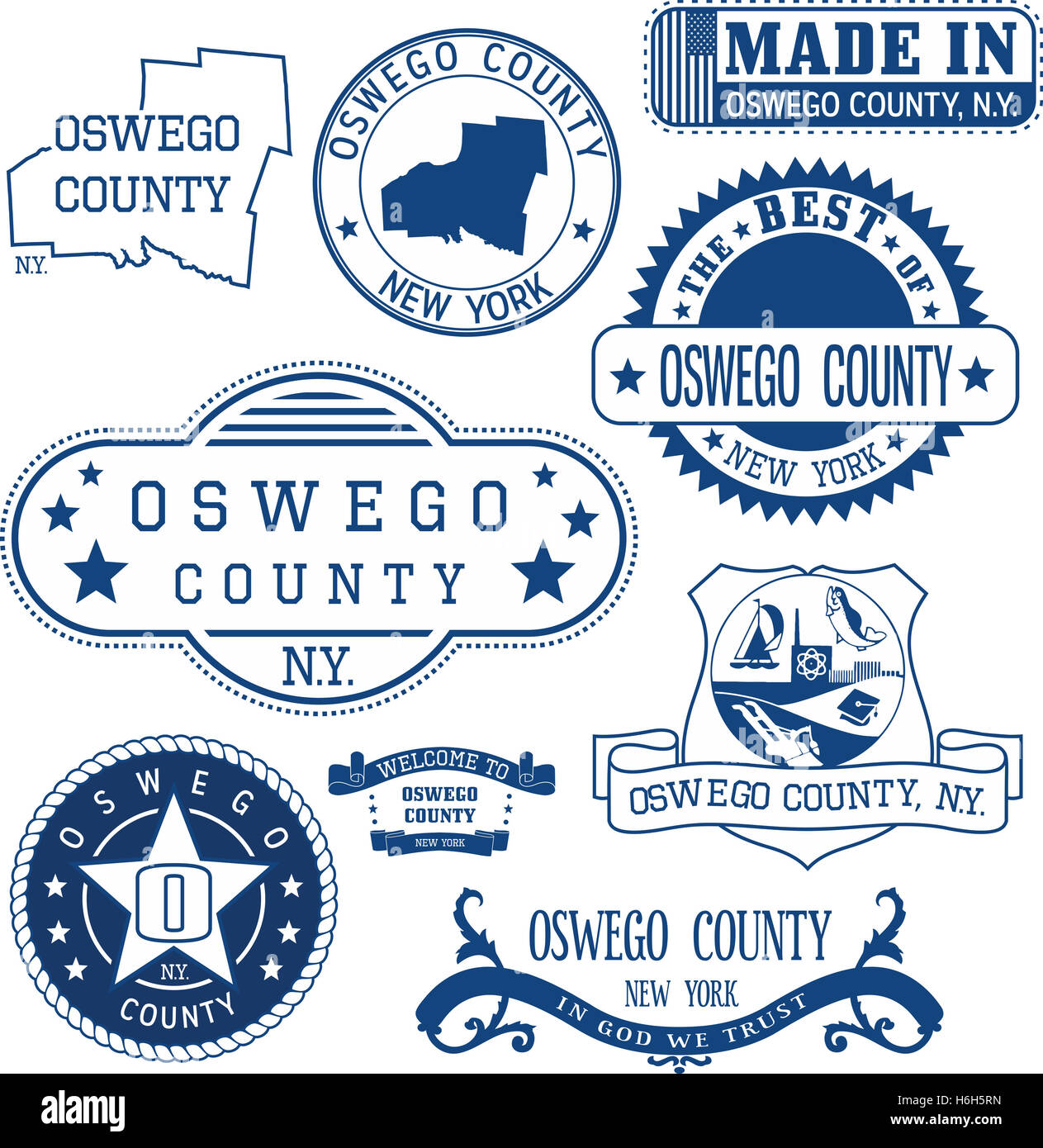 Oswego county, New York. Set of generic stamps and signs including ...