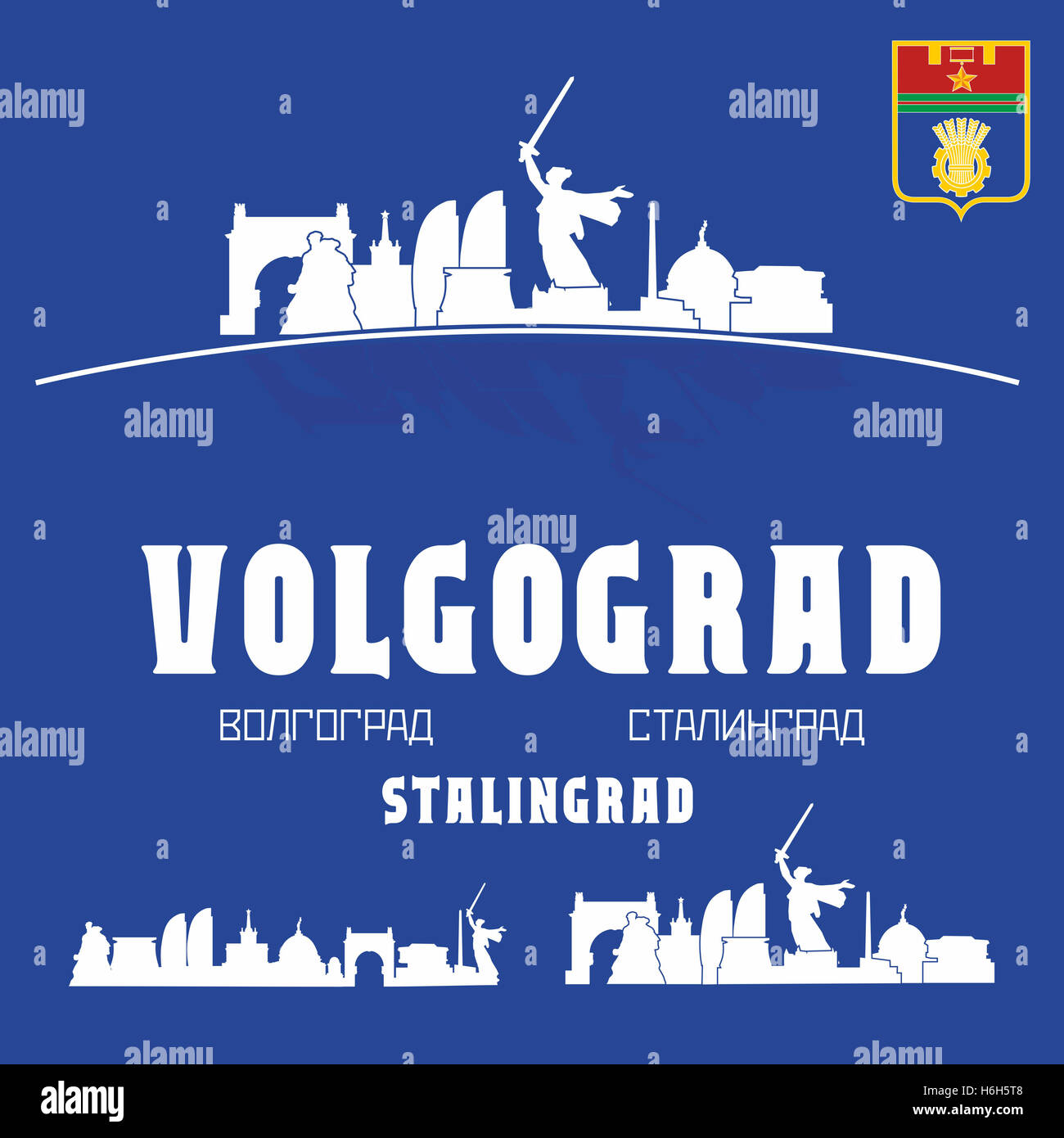 City skyline of Volgograd, Russia, with name in Russian and the ...