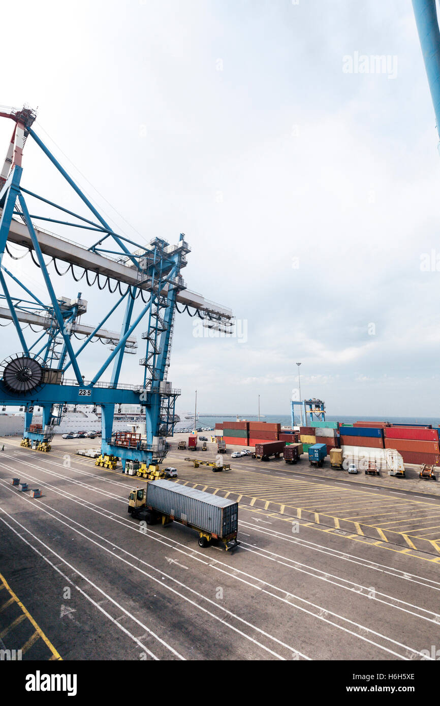 View of a freight dock with massive crane in a commercial harbor Stock ...
