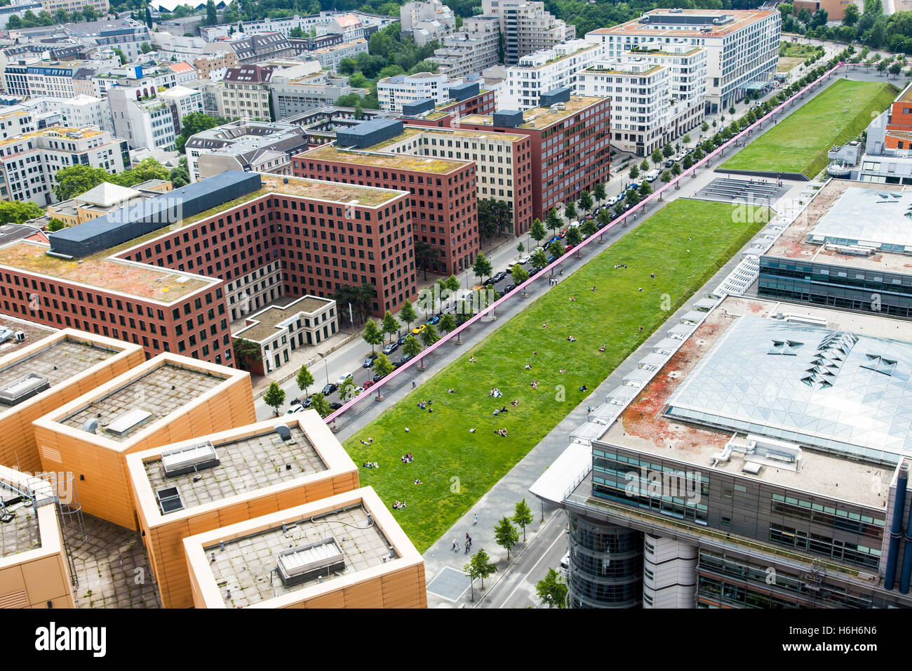 The buildings and lawn of Potsdamer Platz in Berlin as seen from the ...