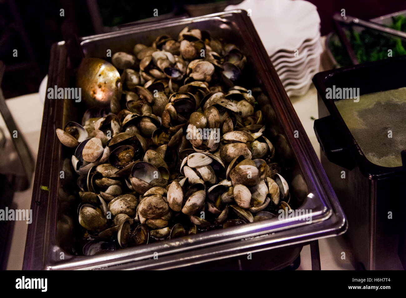 A tray full with mussels ready for service, in a traditional Chinese ...