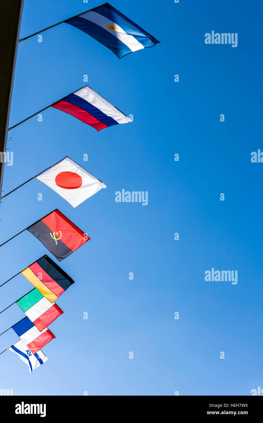 A row of many national flags of various nations fluttering in the wind ...