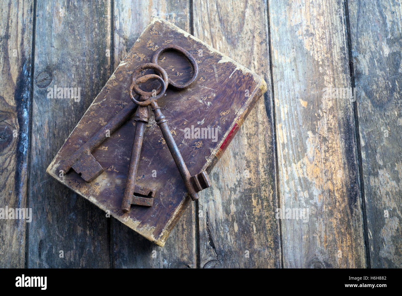 old keys on a old book, antique wood background Stock Photo - Alamy
