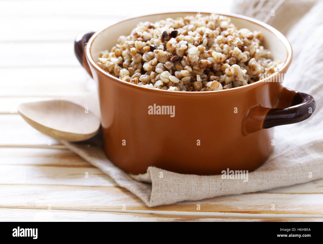 Natural organic buckwheat cereal. Boiled buckwheat porridge in a pot ...