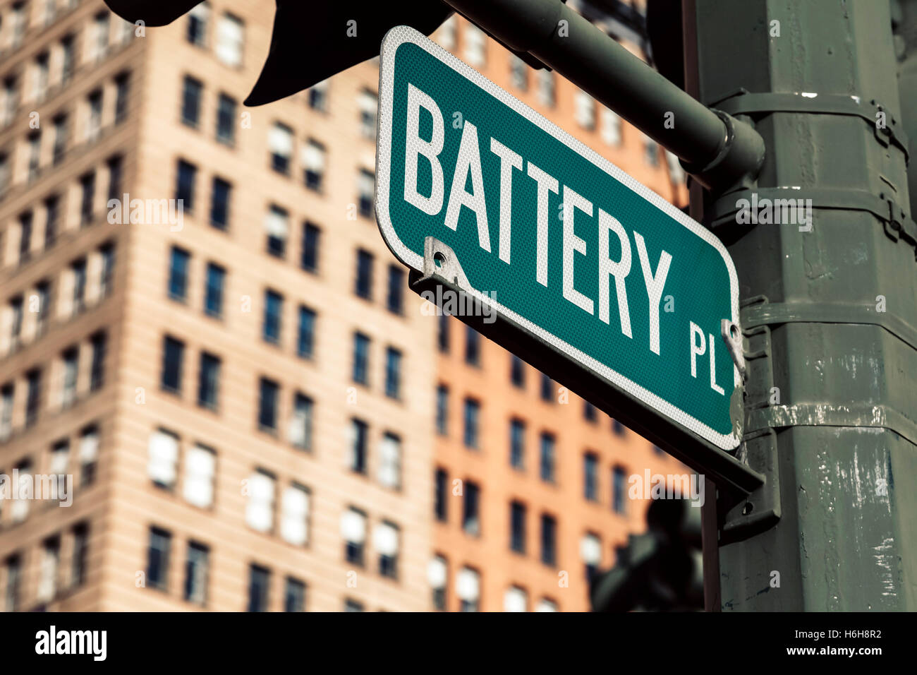 A street sign depicting it is Battery Place in Manhattan, and the 1WTC ...