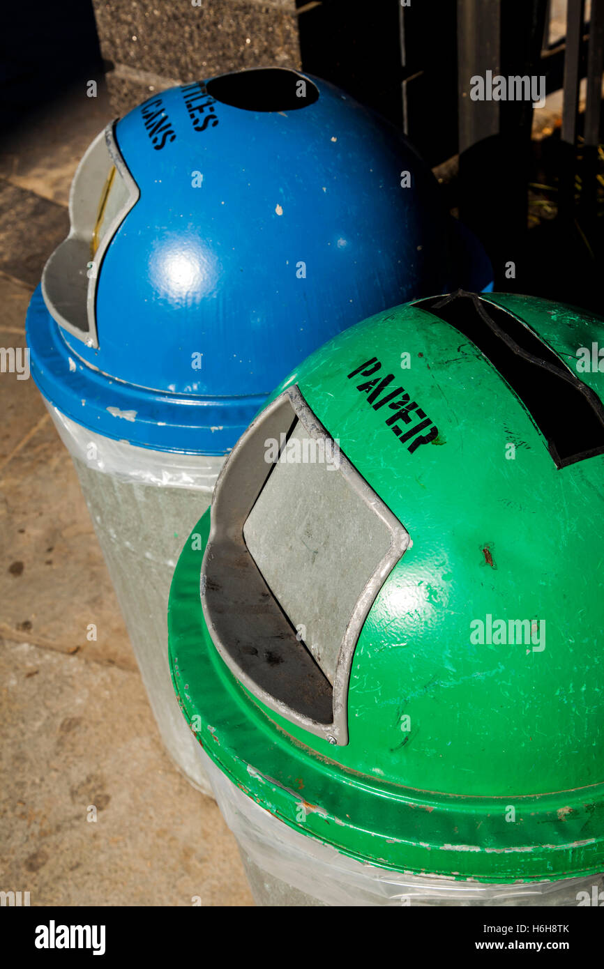 Two garbage bins in a park, one for paper and one for cans Stock Photo ...
