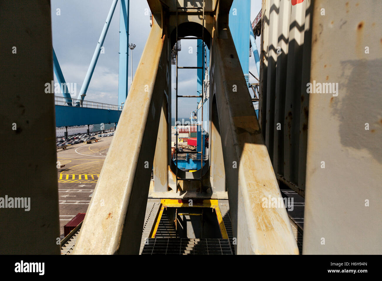 Detail of a freighter ship docking in a commercial harbor Stock Photo ...