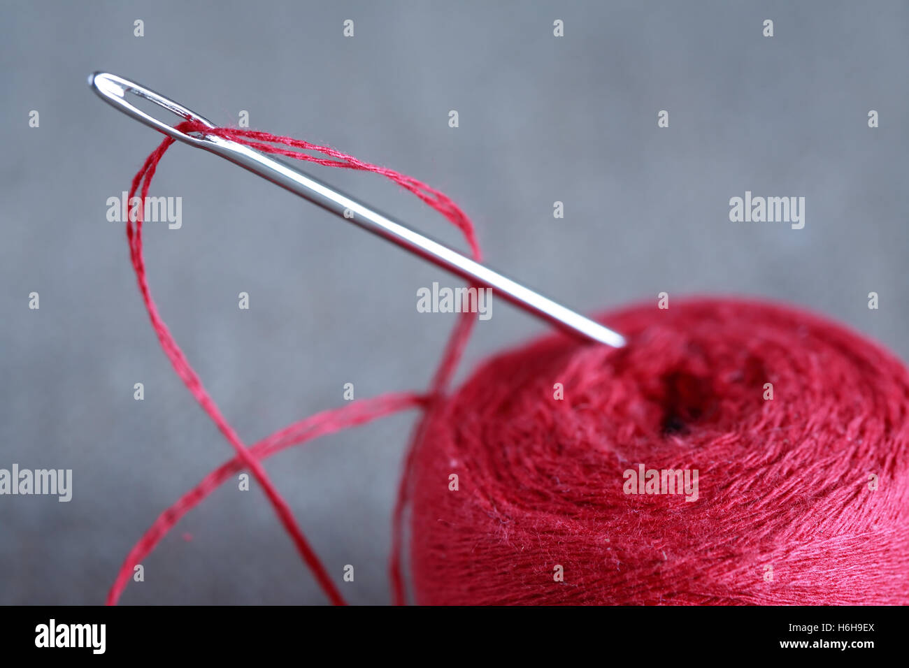 Sewing concept. Extreme closeup of steel needle with red thread Stock ...