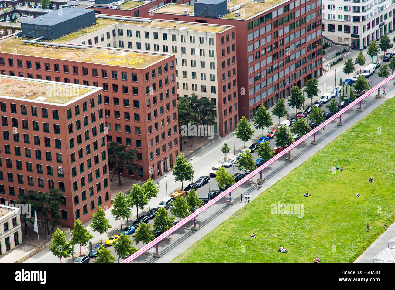 The buildings and lawn of Potsdamer Platz in Berlin as seen from the ...