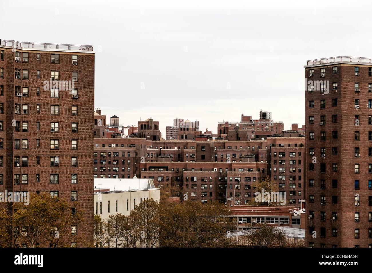 View of a cluster of buildings constituting a neighborhood at dusk ...