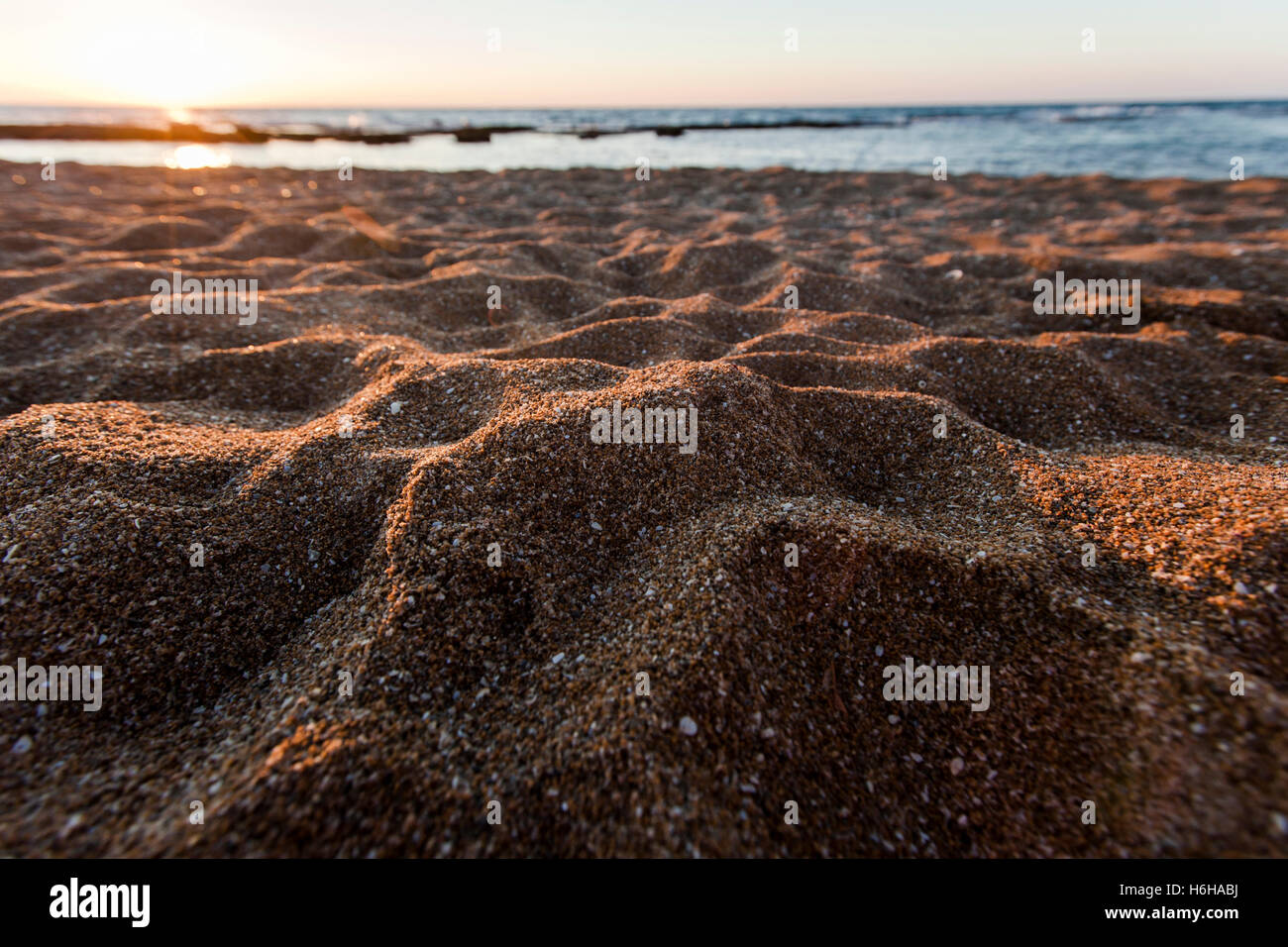 Evening light falling on the dark yellow sand at the beach Stock Photo ...