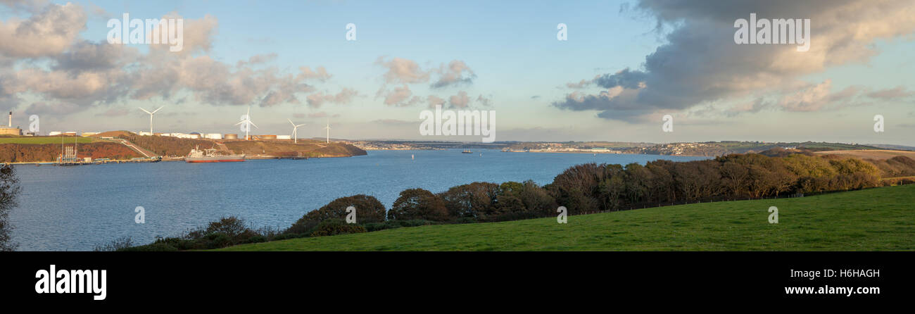 Milford Haven, Pembrokeshire panoramic showing the Dragon LNG terminal ...