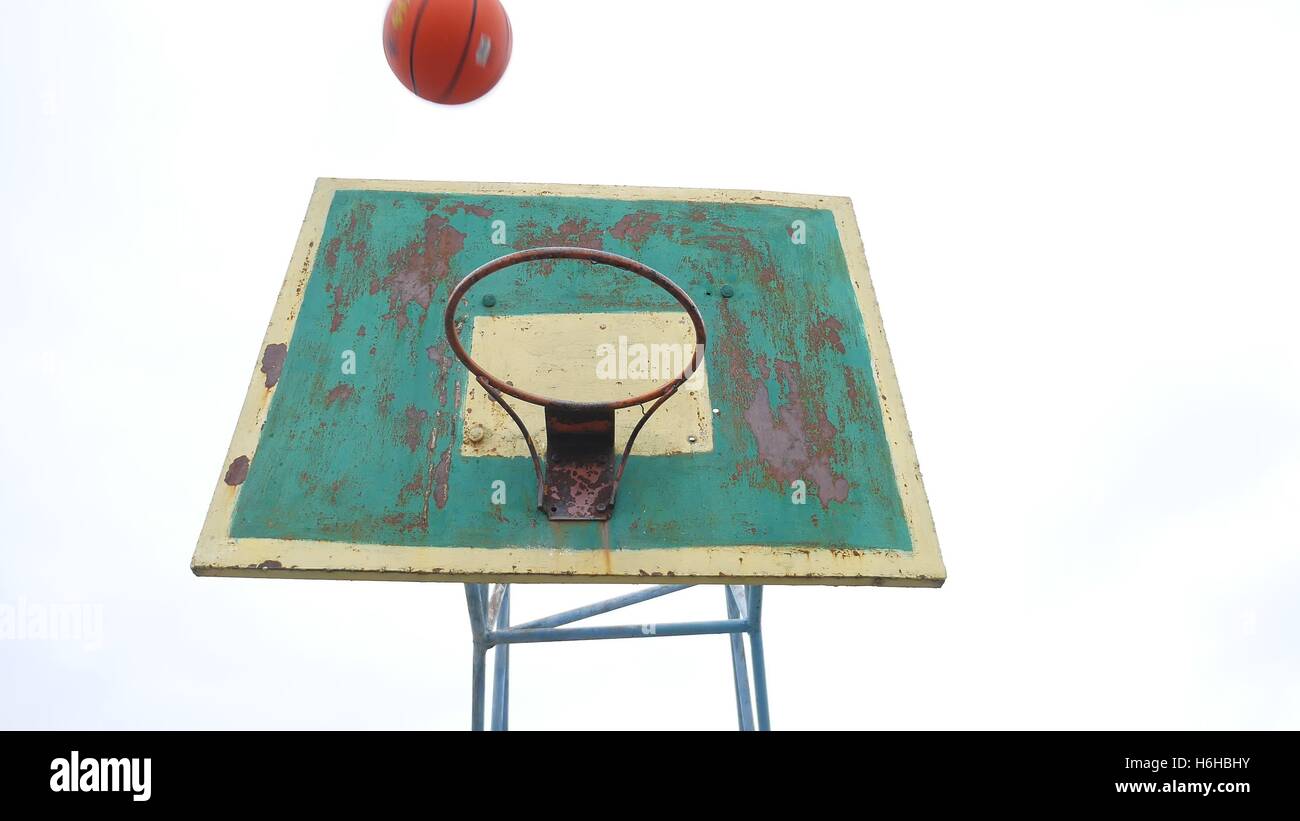 sport old hoop basketball bottom view outdoors rusty iron ball enters ...