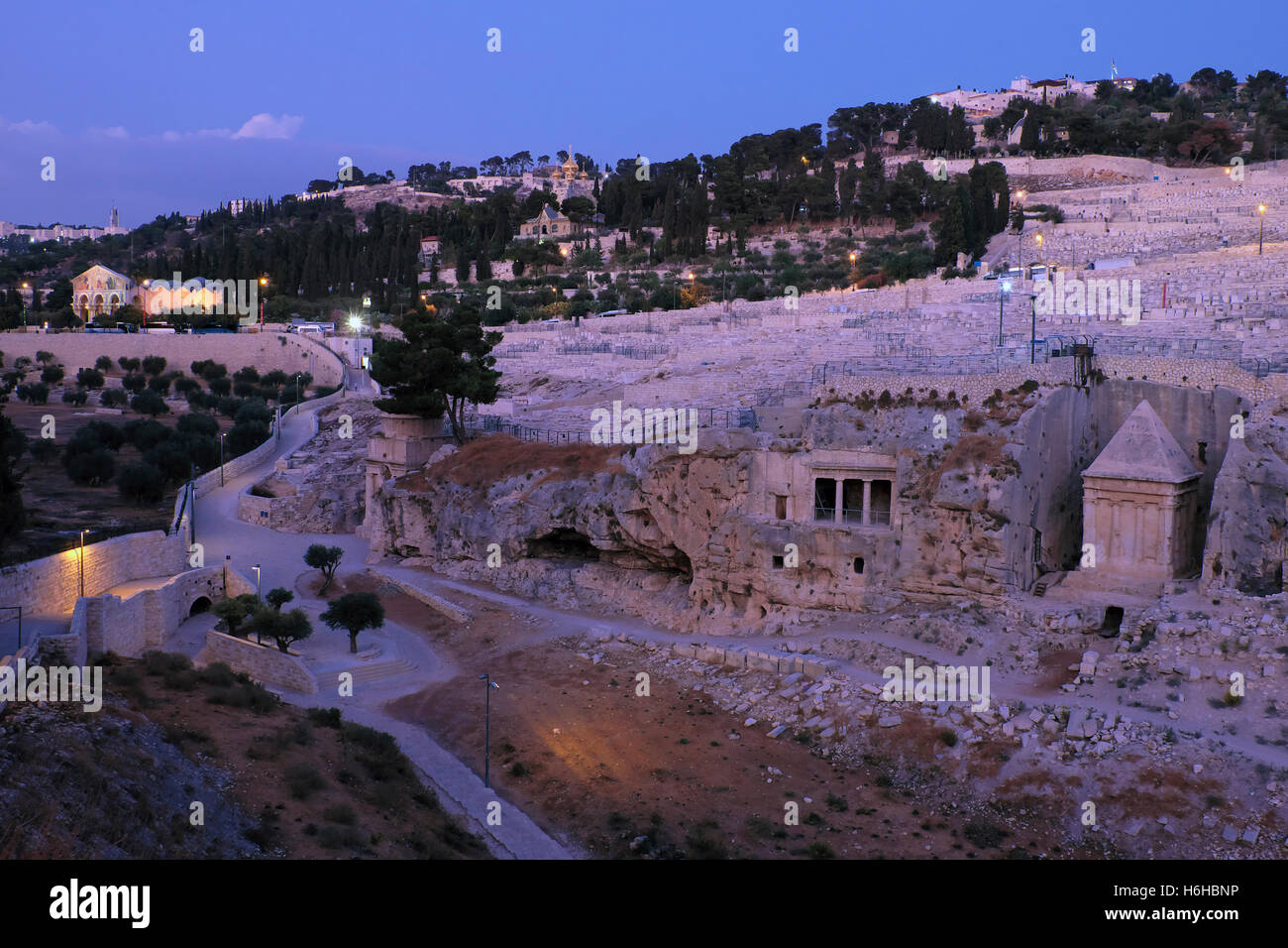 View at twilight of Mount of Olives across the monumental tombs of ...