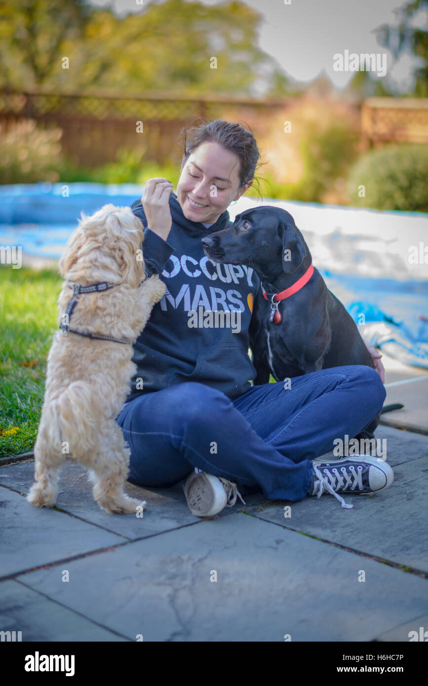 A woman with 2 dogs outside Stock Photo - Alamy