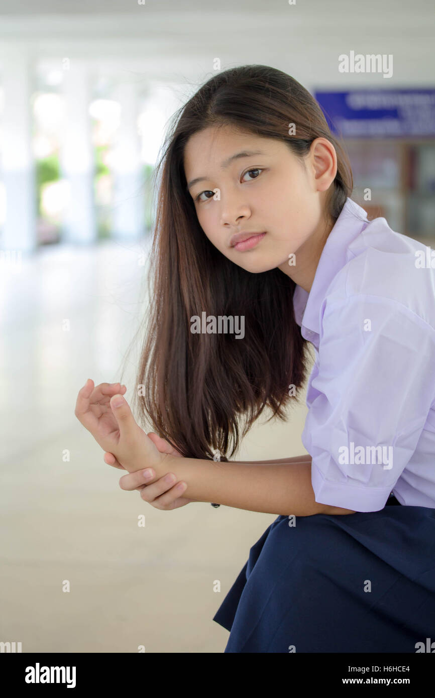 Portrait of thai high school student uniform teen beautiful girl happy ...