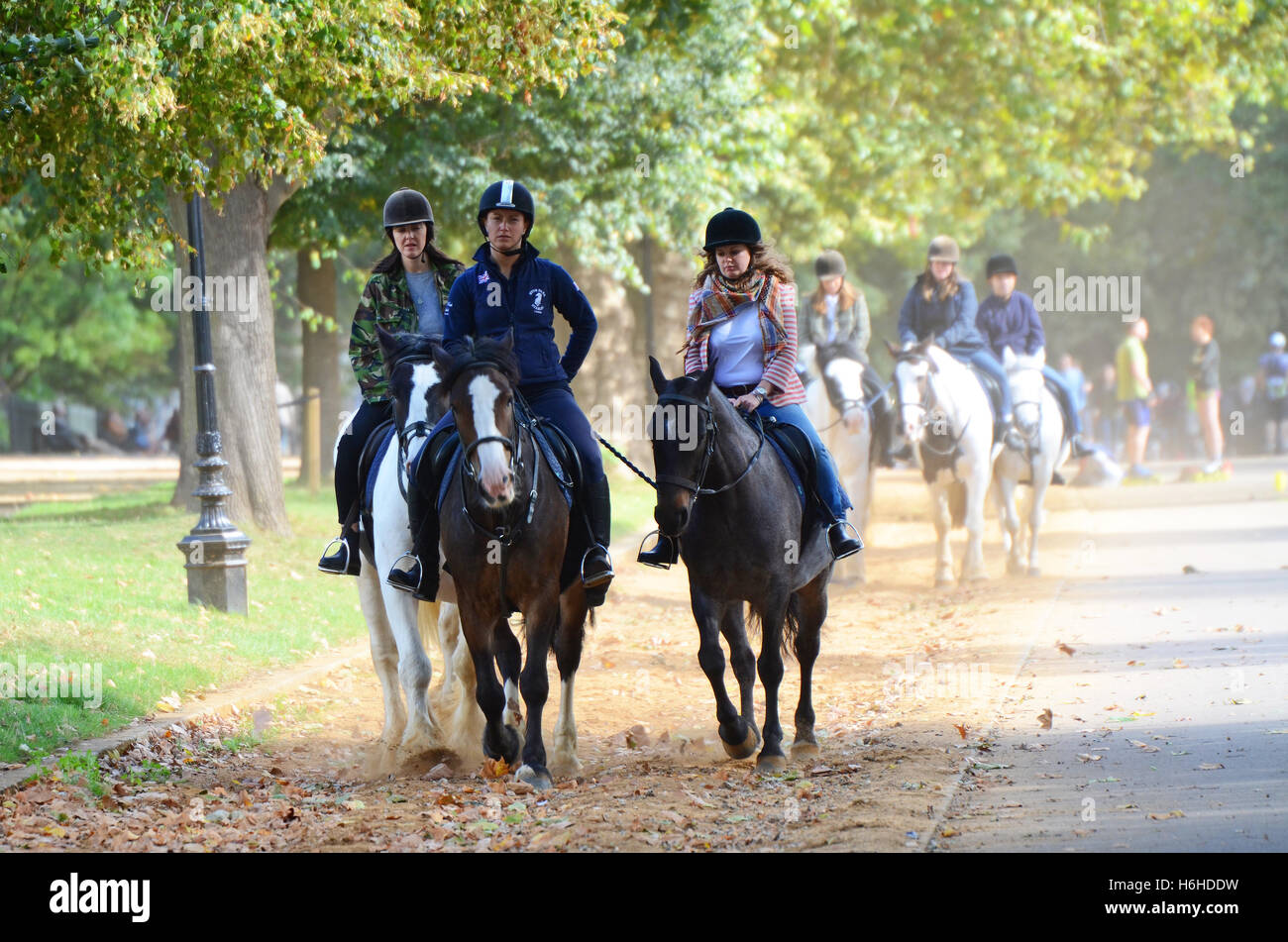 Horse riders riding through Hyde Park next to the Serpentine, whilst ...
