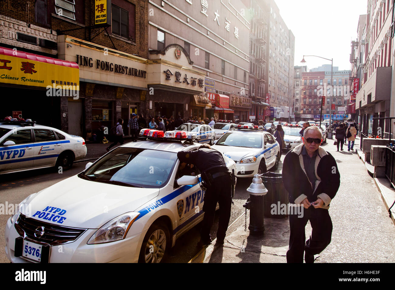 New-York, USA - NOV 18: Police officer leaning on a police car in a ...