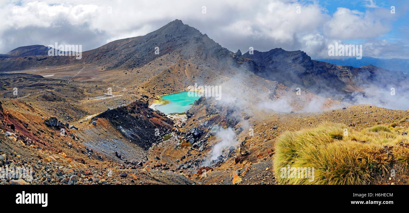 Volcanically active smoky landscape with green Emerald Lakes, Tongariro ...