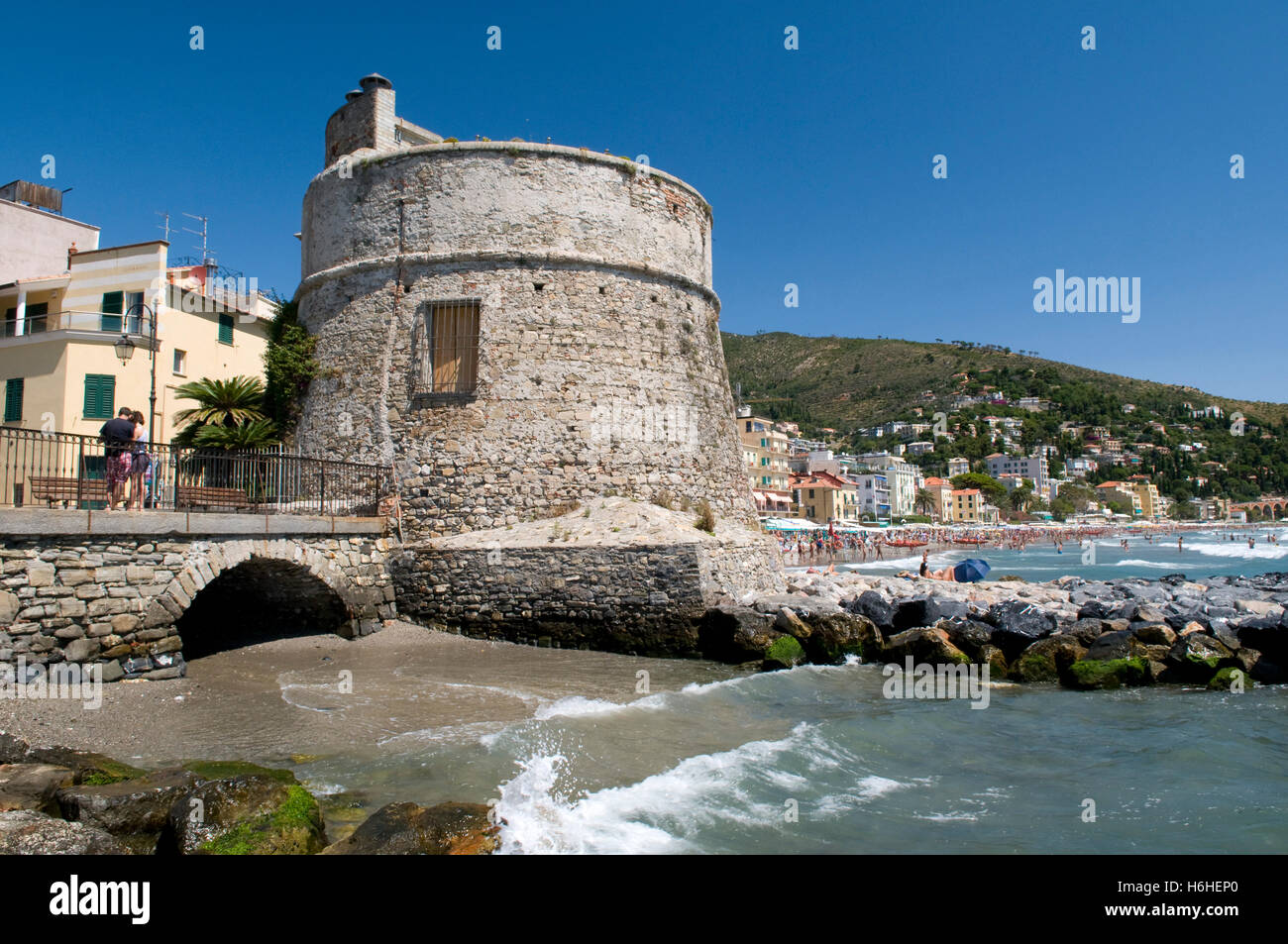 Stone tower on the coast, Alassio, Italian Riviera, Liguria, Italy ...