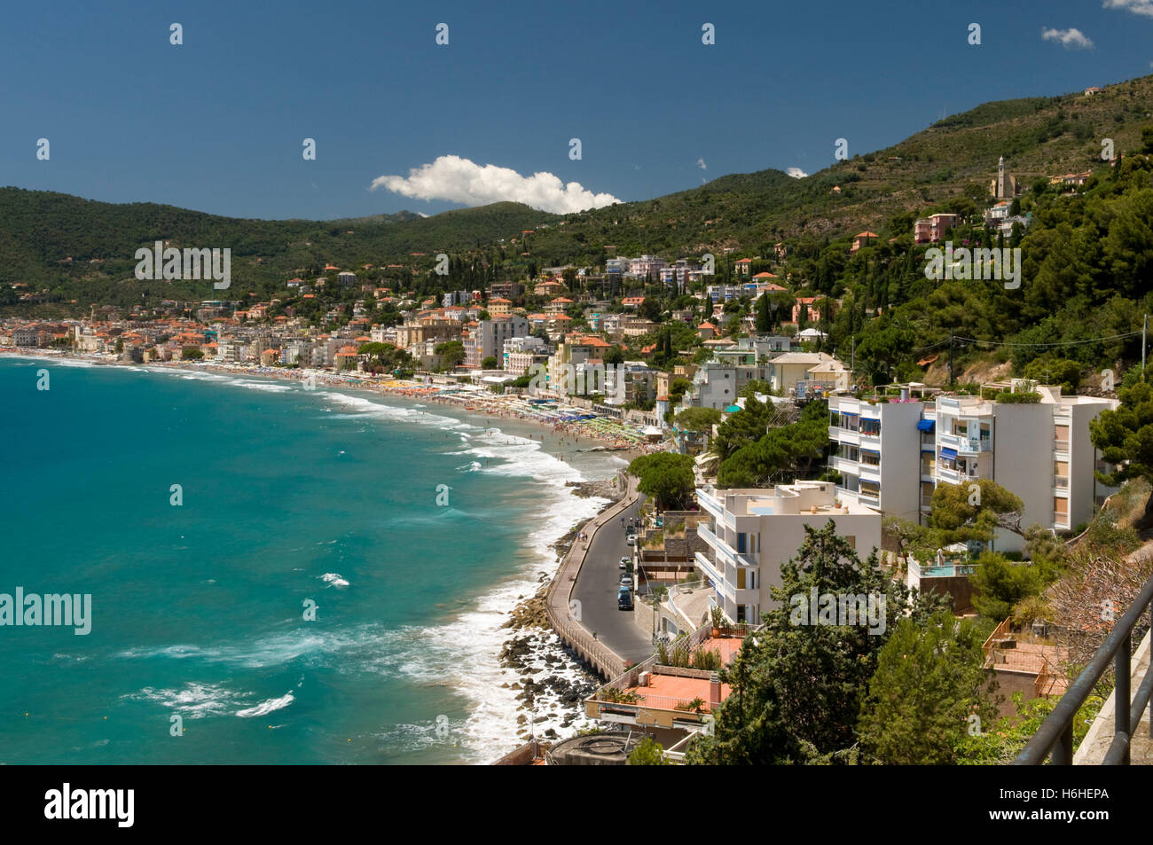 Cityscape with coast, Alassio, Italian Riviera, Liguria, Italy, Europe ...