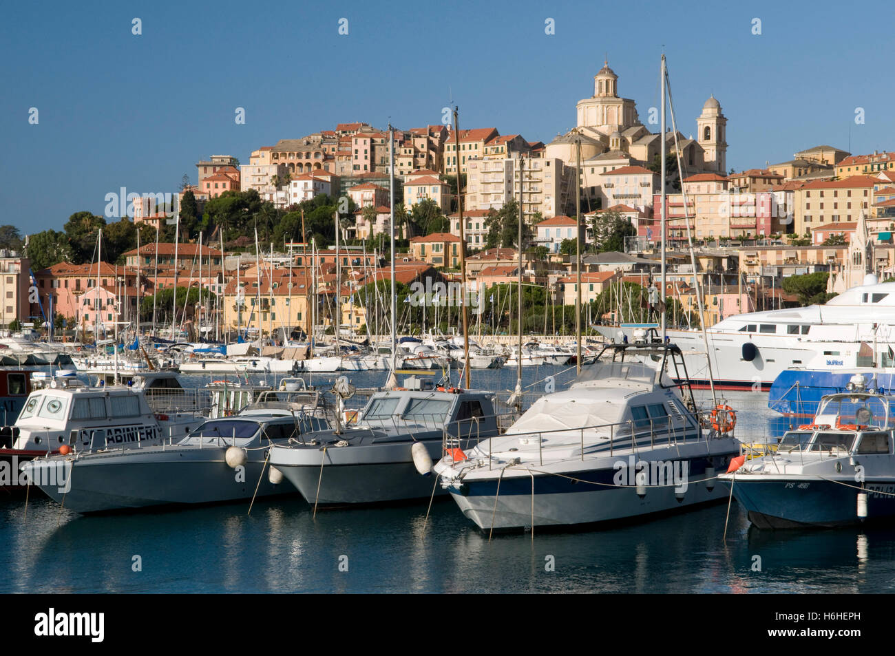 Port in front of historic town, Porto Maurizio, Imperia, Riviera ...