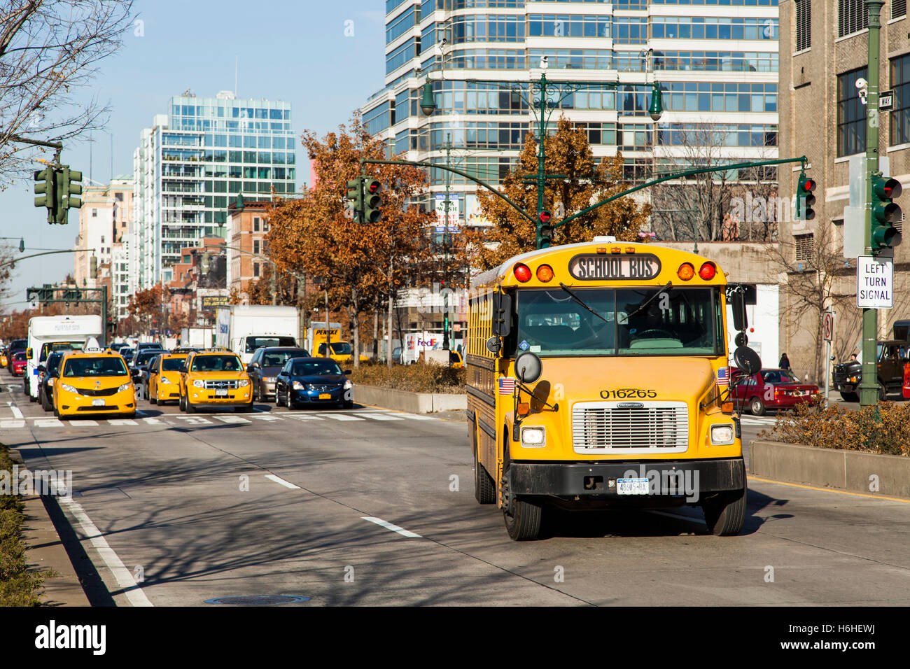 New-York, USA - NOV 21: Yellow school bus driving on a Manhattan street ...