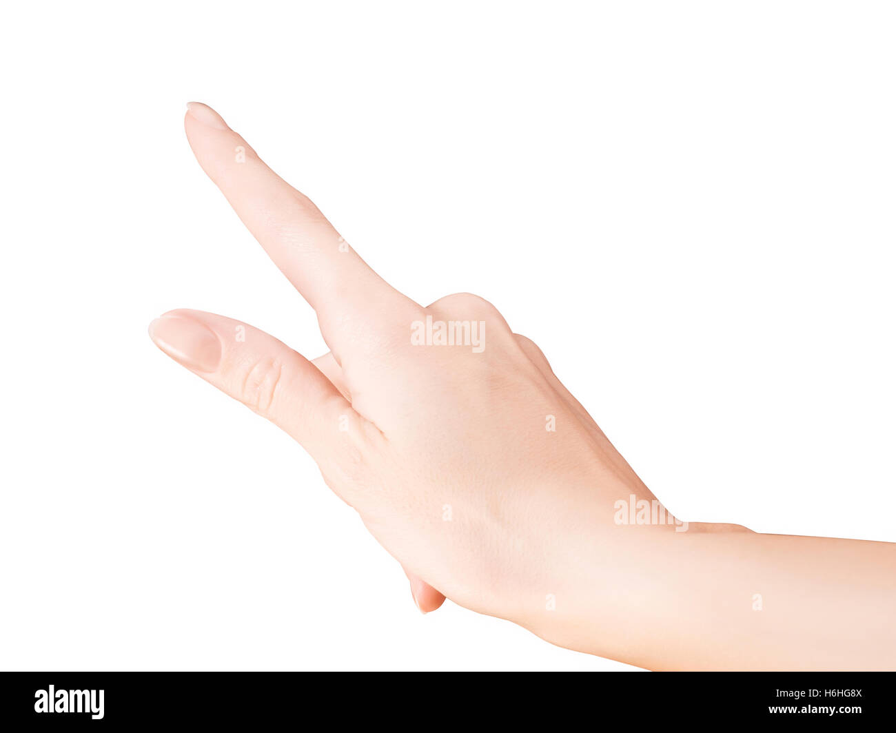 Woman pointing finger. First person view, isolated on white with ...
