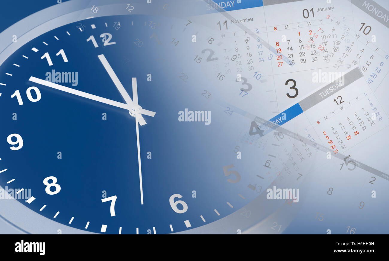 Clock face and calendars composite Stock Photo - Alamy