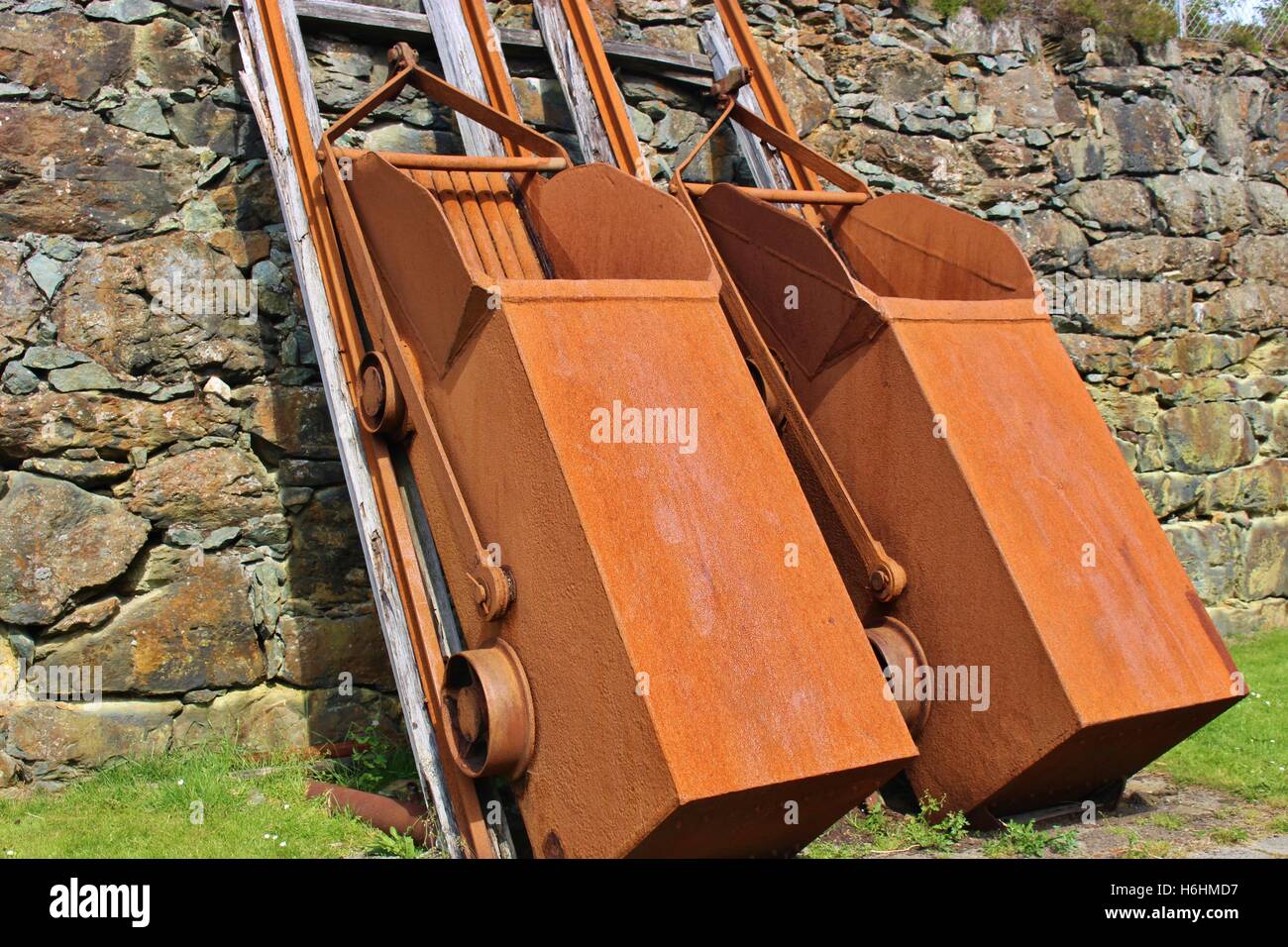 Two original, old copper tippers next to the Visnes copper mine on the ...