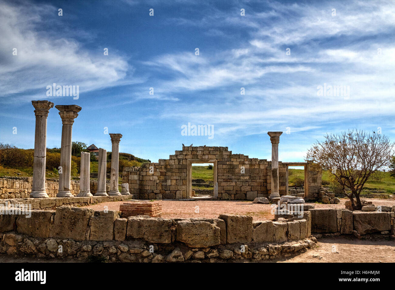 Ancient Greek basilica and marble columns. Chersonesus Taurica near ...