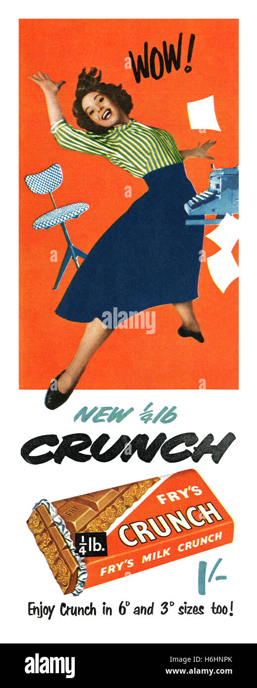 1956 British advertisement for Fry's Crunch milk chocolate bar Stock ...