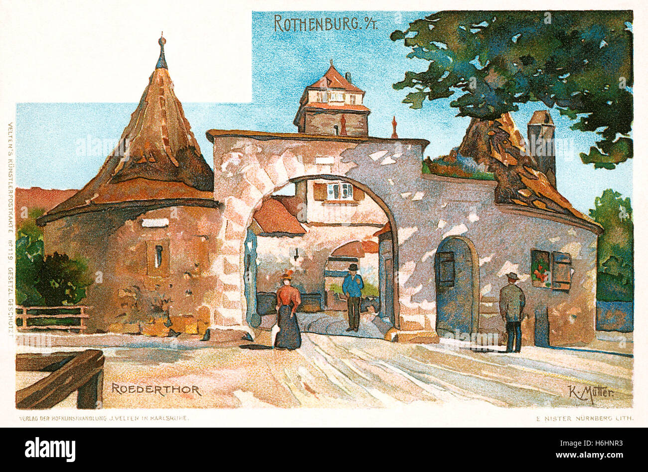 Edwardian era postcard of the Roder Gate in Rothenburg ob der Tauber in ...