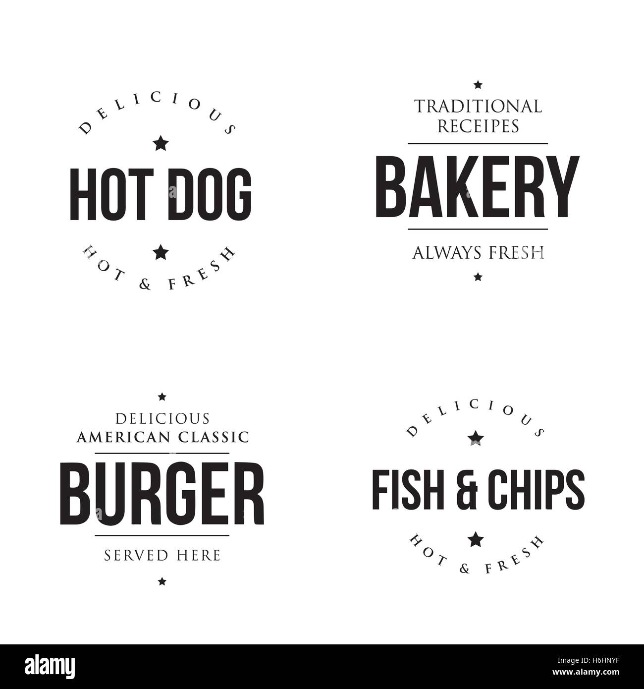 Bakery, Hot Dog, Burger, Fish and Chips vintage lettering Stock Vector ...
