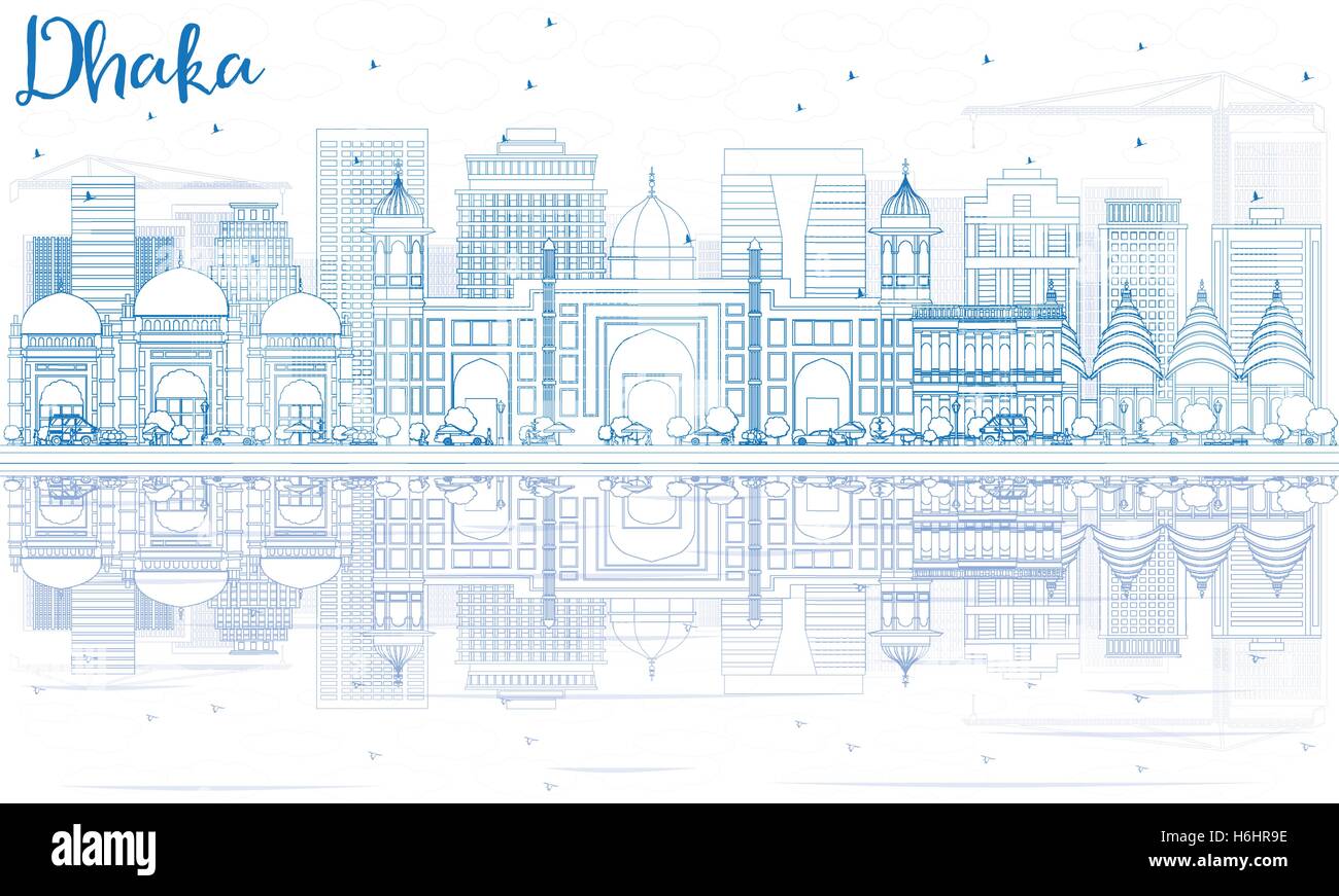 Outline Dhaka Skyline with Blue Buildings and Reflections. Vector ...