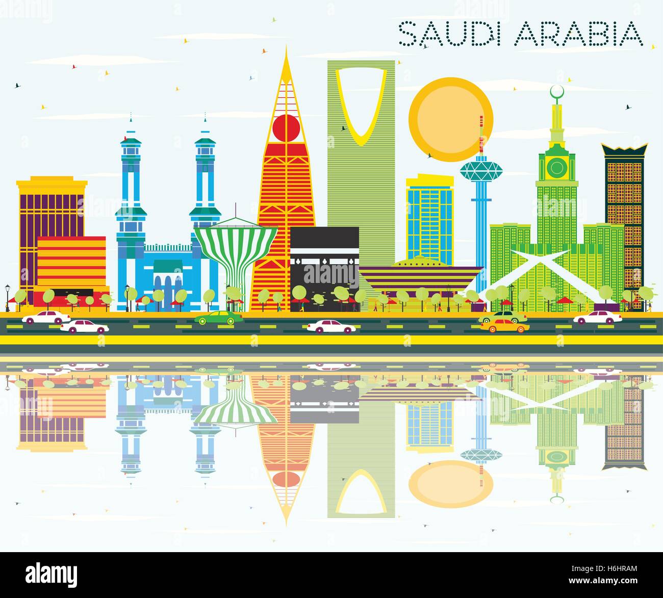 Saudi Arabia Skyline with Color Landmarks and Reflections. Vector Stock ...