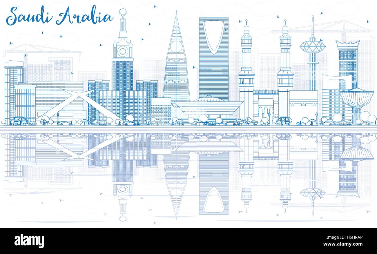 Outline Saudi Arabia Skyline with Blue Landmarks and Reflections ...