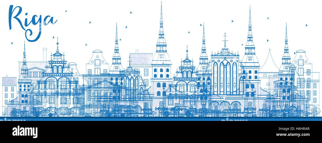 Outline Riga Skyline with Blue Landmarks. Vector Illustration. Business ...